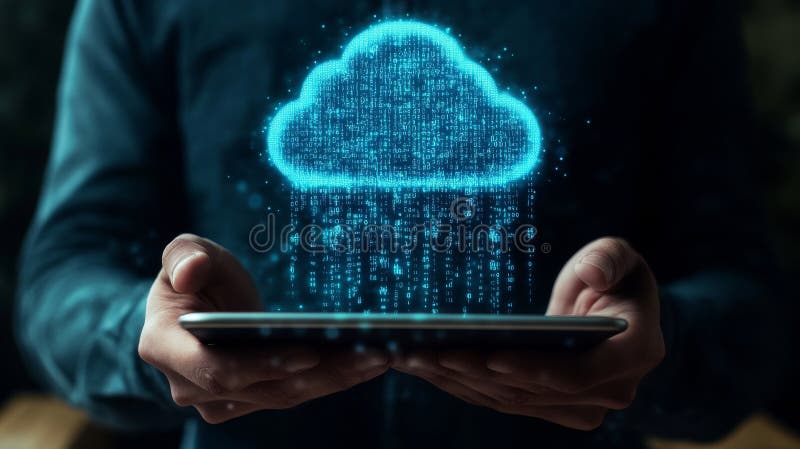 On a Blurred Office Background, Hands Hold a Tablet with a Holographic Cloud Computing Concept ...
