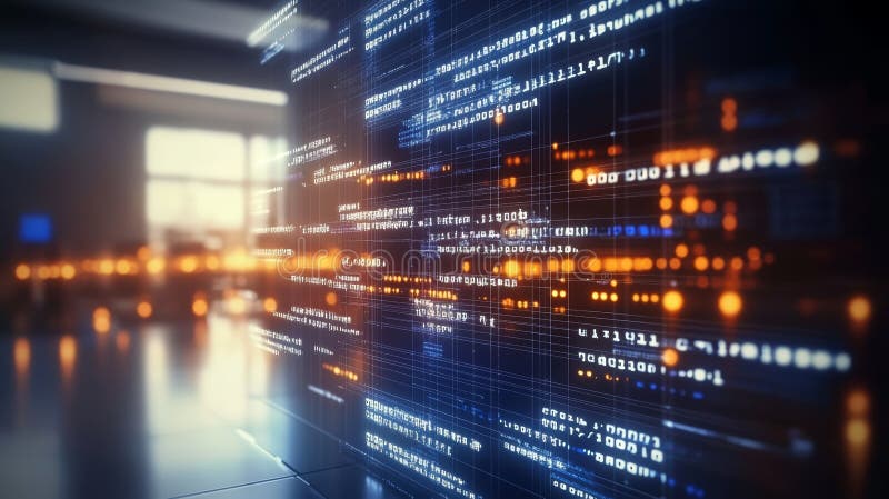 Blurred Office Background with Technology Overlay, Programming Code, Big Data, Software ...
