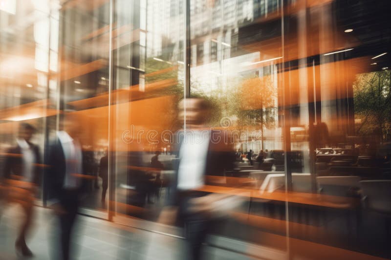 Blurred Office Interior with People Working Behind Glass Wall in Modern ...