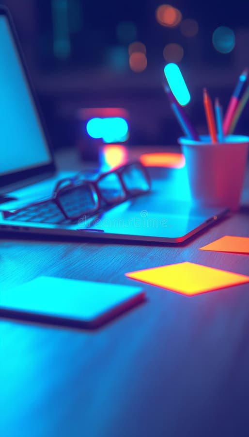Blurred Office Setting, Technology and Colorful Notes for Creative ...