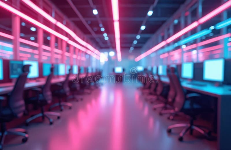 Blurred Open Space Office Interior at Night with Neon Illumination ...