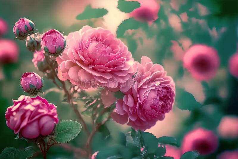 Blurred Pink Roses Bloom in a Rose Garden in the Backdrop. Nature Stock ...