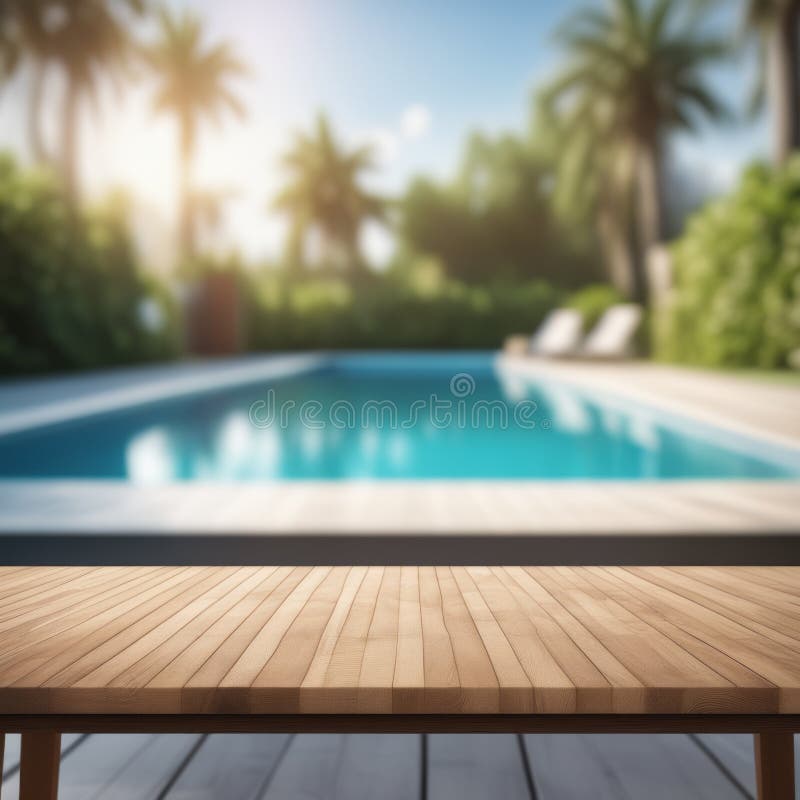 Blurred Pool Background with Wooden Table. Empty Wooden Table for ...