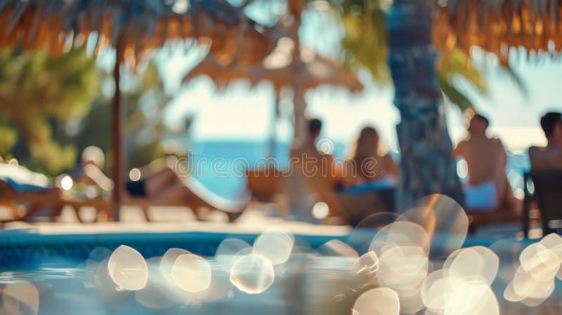 Blurred Pool Scene with People and Palm Trees Stock Image - Image of ...