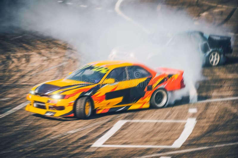 Blurred Racing Drift Car with Lots of Smoke from Burnt Rubber Wheels ...