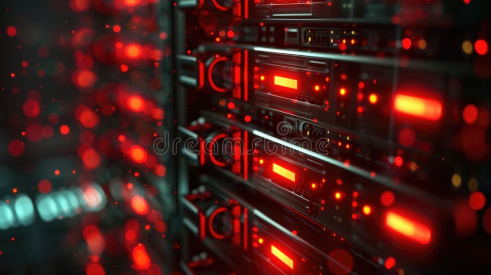 Blurred Red Lights in Data Center Corridor with Server Racks in High ...