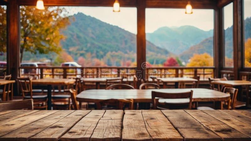 Blurred Restaurant Interior with Empty Wooden Table for Product ...