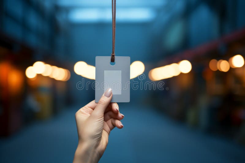 In a Blurred Setting, a Womans Hand Grasps a Blank Identification Tag ...