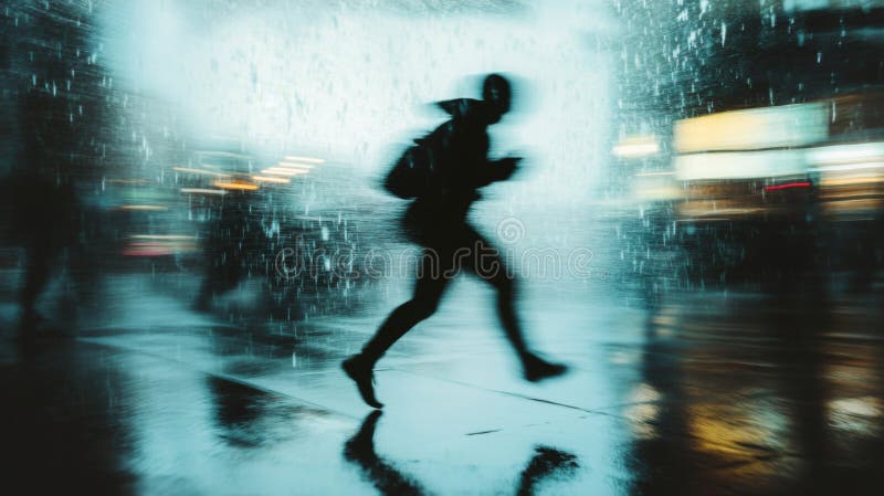 Blurred Silhouette of Person Running in Rain with City Lights Stock ...