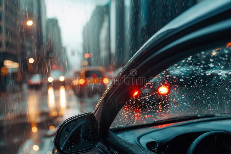 Blurred Street Scene through Car Windows with Rain Drop. Stock Image ...
