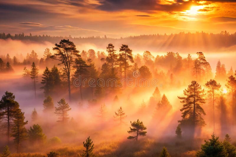 Blurred Sunset Forest with Orange-pink Gradients, Soft Glowing Mist ...