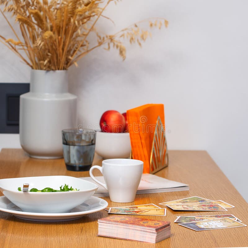 Blurred Tarot Cards Layout on the Table. Esoteric Concept and Astrology ...