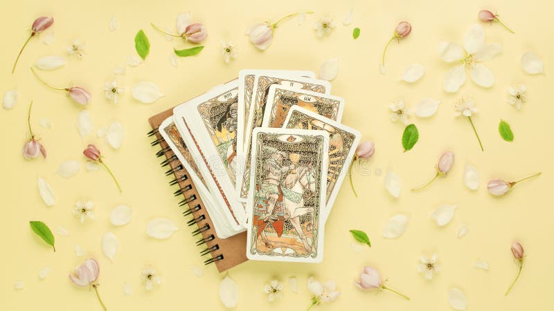 Blurred Tarot Cards Layout on Witch Table. Esoteric Concept and ...