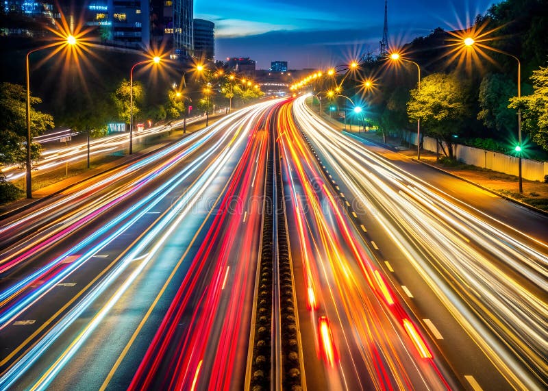 Blurred Traffic Light Trails on Road Stock Illustration - Illustration ...