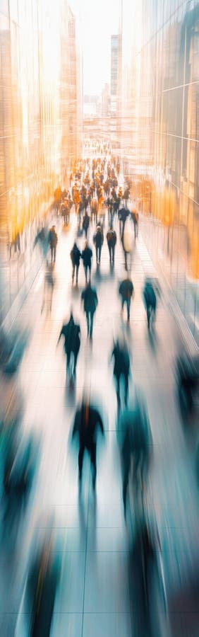 Blurred Urban Crowd Navigating a Futuristic Corridor Filled with Light ...