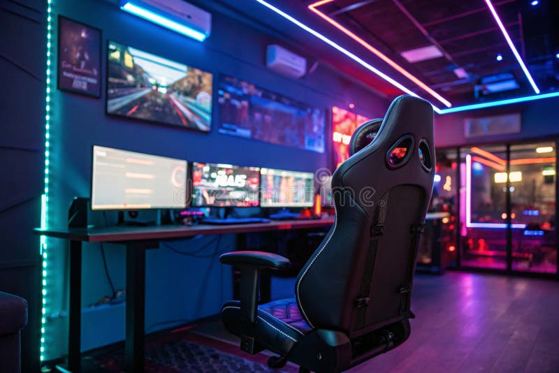Blurred Vibrant Gaming Room with High-resolution Monitors Stock ...