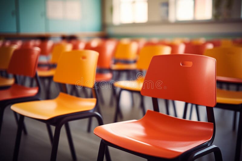 Blurred View of an Empty Elementary Classroom with Chairs, Devoid of ...