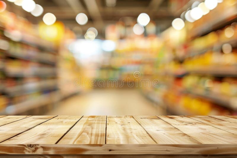 A Blurred View of a Grocery Store Aisle Featuring a Wooden Table ...