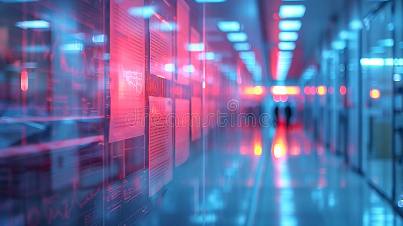 Modern Glass Hallway Interior Blue Lighting People Walking Stock Photos ...