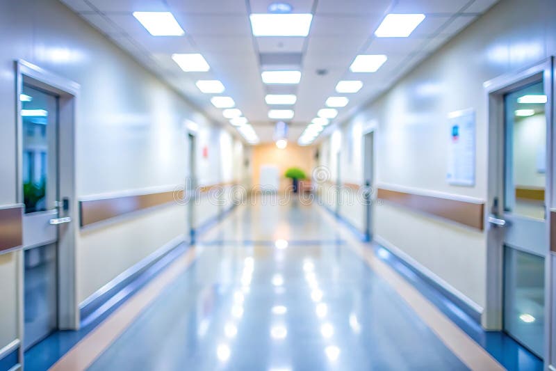 Blurred View of a Long Hospital Hallway with Doors and Bright ...