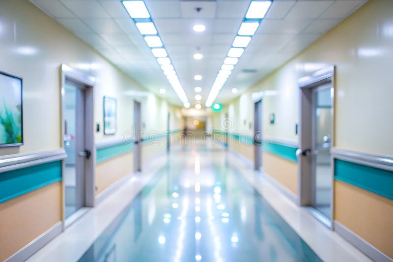 A Blurred View of a Long Hospital Hallway with Doors and Bright ...