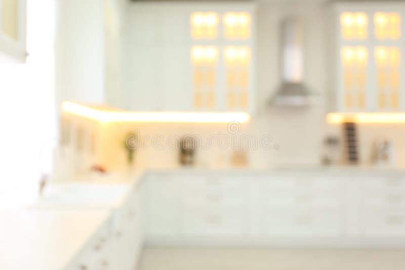 Blurred View of Modern Kitchen Interior with Furniture Stock Image ...