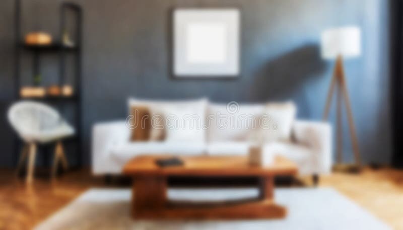 Blurred View of Modern Living Room with White Sofa, Coffee Table and ...