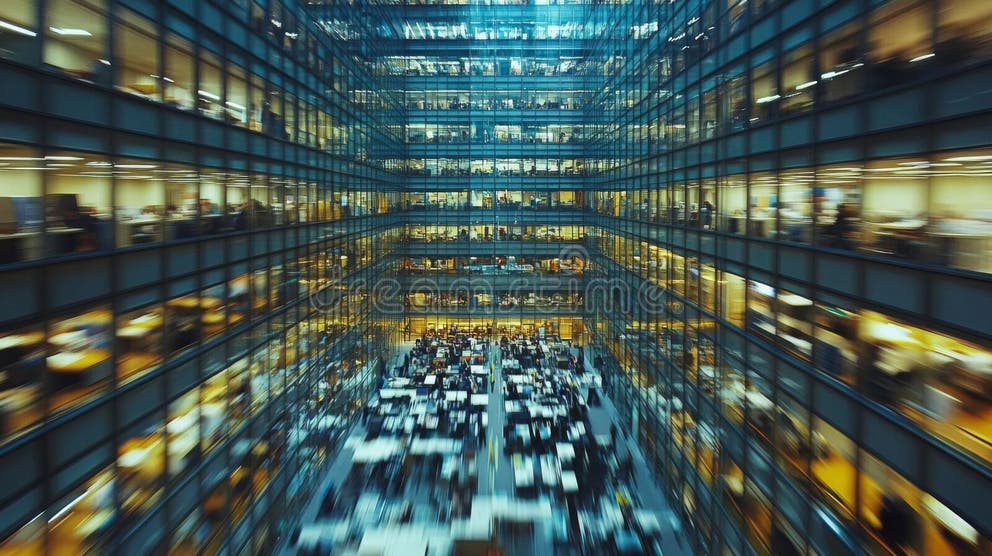 A Blurred View of a Modern Office Building with Workers Inside Stock ...