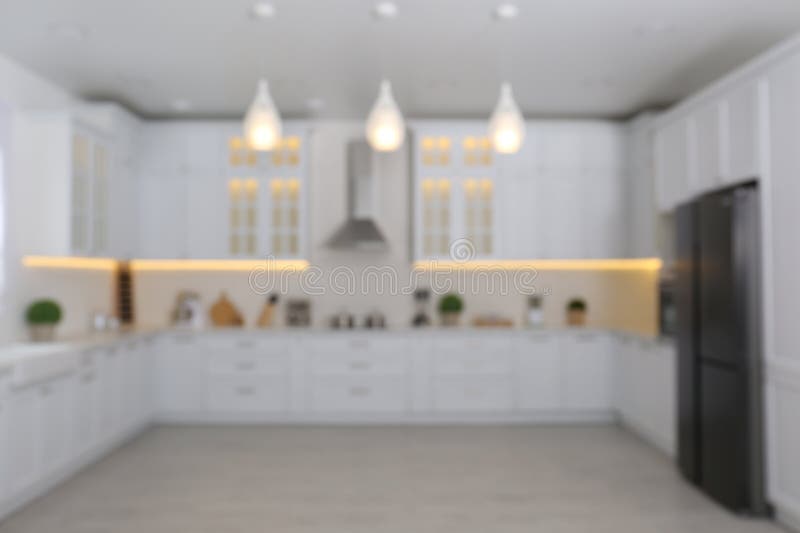 Blurred View of Modern Stylish Kitchen Stock Image - Image of blurry ...