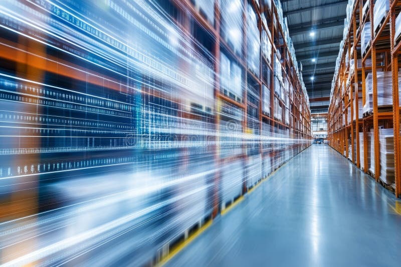 Blurred View of a Modern Warehouse with Digital Data Streams Showcasing ...