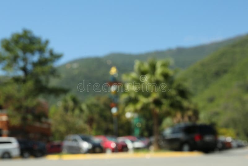 Blurred View of Mountains, Palm Trees and City Road Stock Image - Image ...