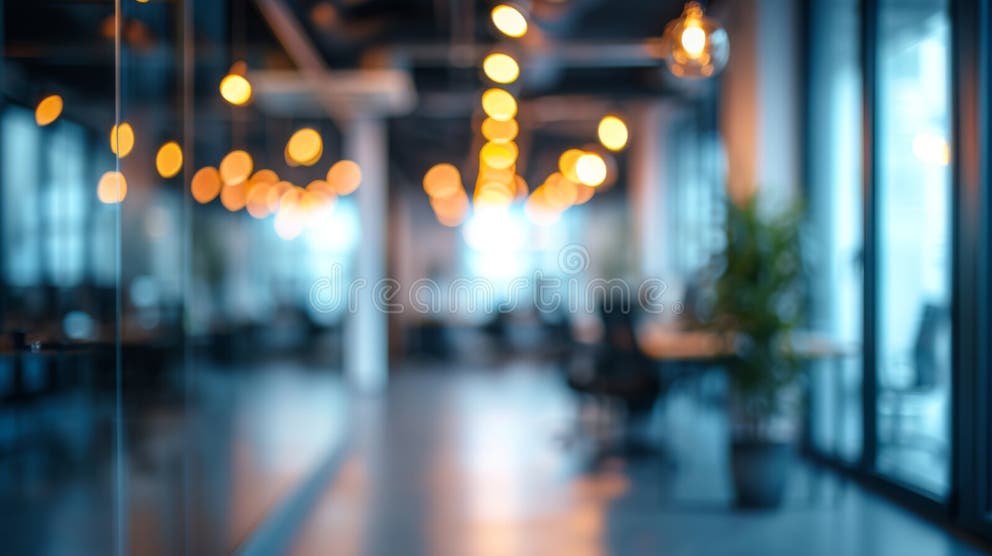 Blurred View of an Office Interior with Illuminated Ceiling Lights ...