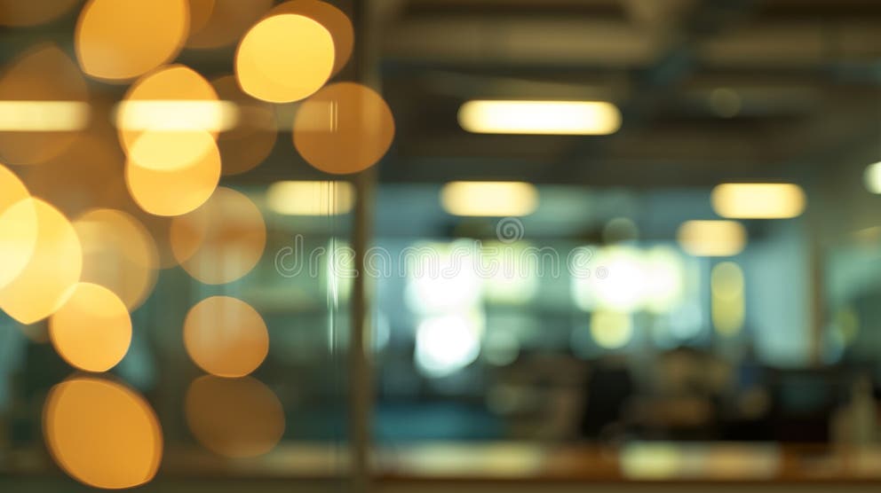 Blurred View of an Office Interior with Illuminated Ceiling Lights ...