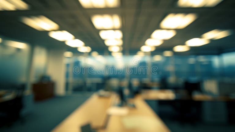 Blurred View of an Office Interior with Illuminated Ceiling Lights ...