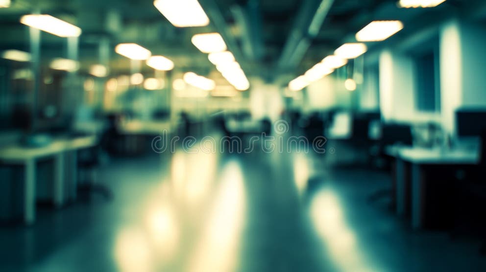 Blurred View of an Office Interior with Illuminated Ceiling Lights ...