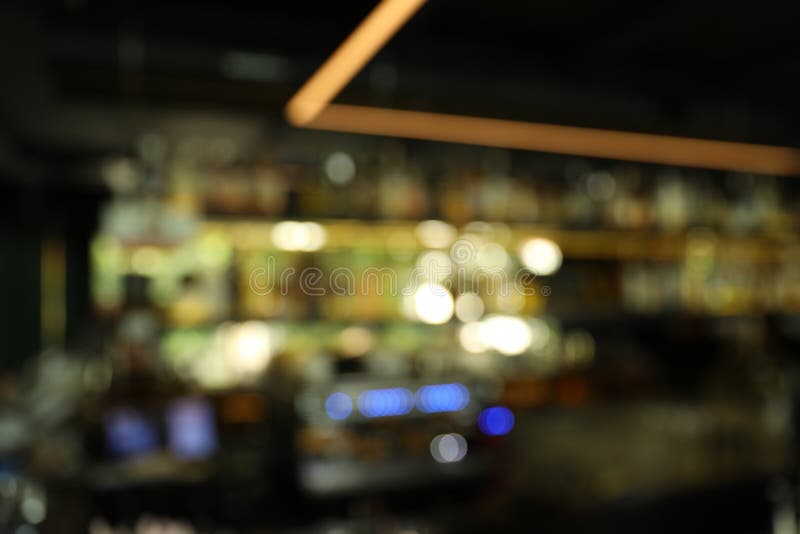 Blurred View of Stylish Modern Bar Interior with Bokeh Effect Stock ...
