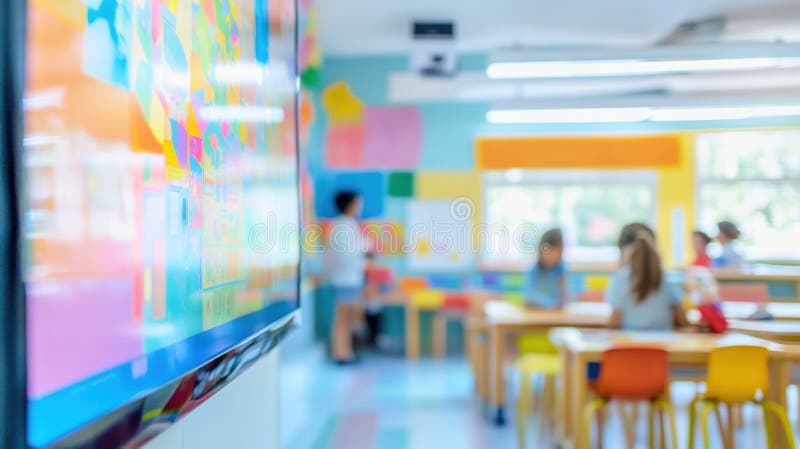 Blurred View of a Vibrant Modern Classroom with Interactive Whiteboard and Engaged Students ...