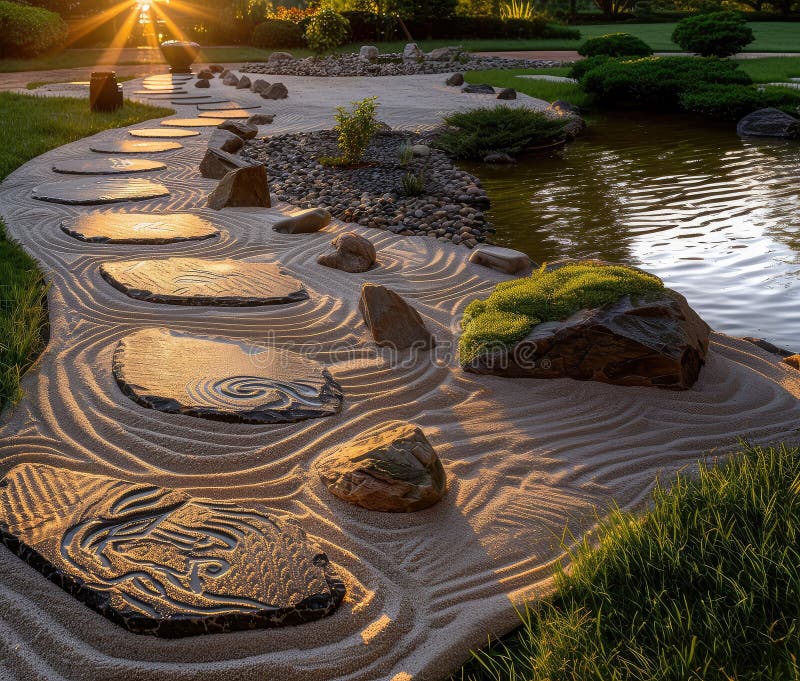 Blurred Zen Garden Path with Sunset Reflections. AI Generation Stock ...