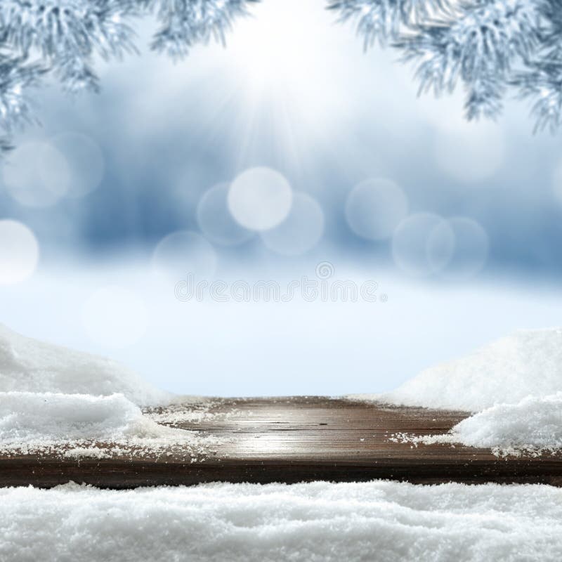 Blurredsnowy White Winter View Background. Table with a Place for an ...