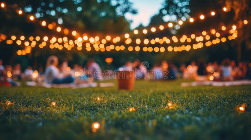 Blurry Background of Outdoor Picnic with Glowing String Lights at Dusk Stock Image - Image of ...