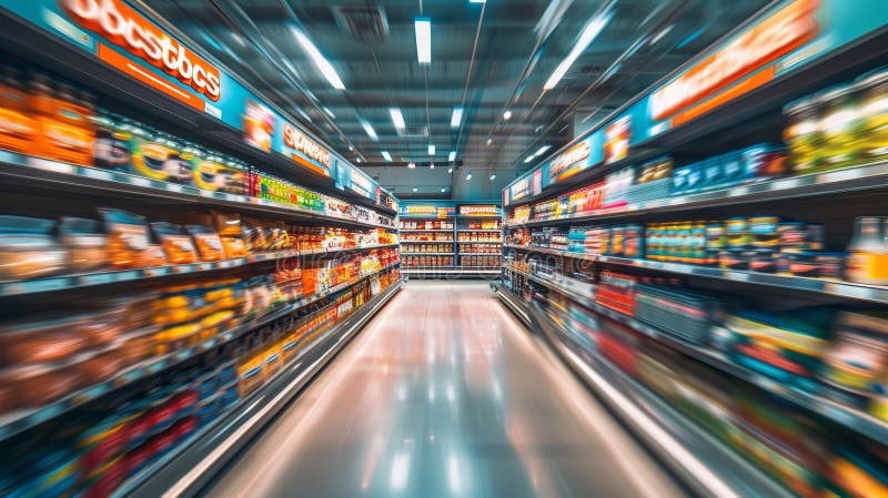 Blurry and Bright Interior of a Spacious, Open Grocery Store with a ...