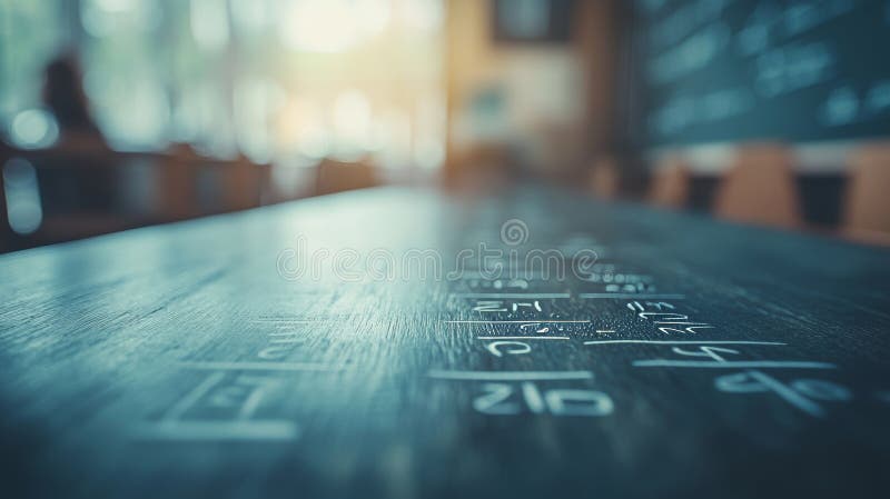 Blurry Chalkboard with Math Equations and Empty Classroom Background ...