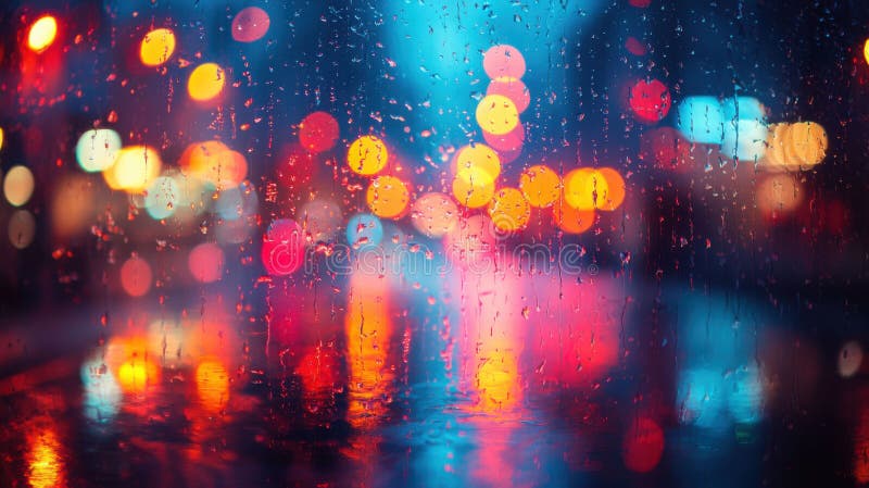 Blurry City Lights through Rain Soaked Window Create Vibrant Atmosphere ...