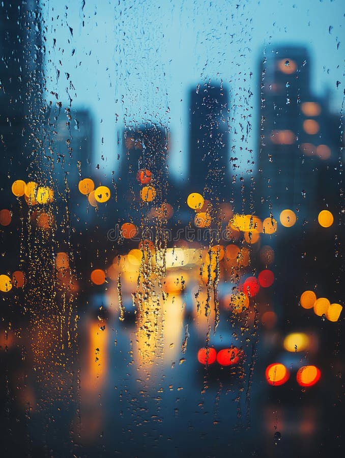 Blurry City Lights through a Rainy Window at Dusk. Stock Image - Image ...