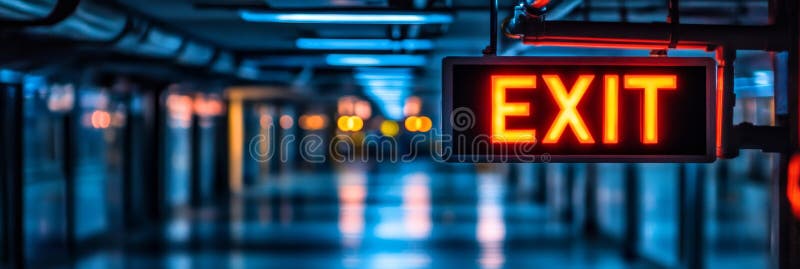 Blurry Emergency Exit Sign in Darkened Hallway Showing Evacuation Route ...