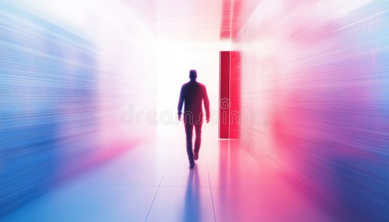 Blurry Figure Ventures into Future Door Stock Image - Image of journey ...
