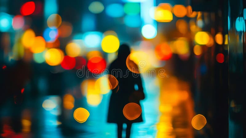 Blurry Figure Walking through City Night Lights Stock Illustration ...