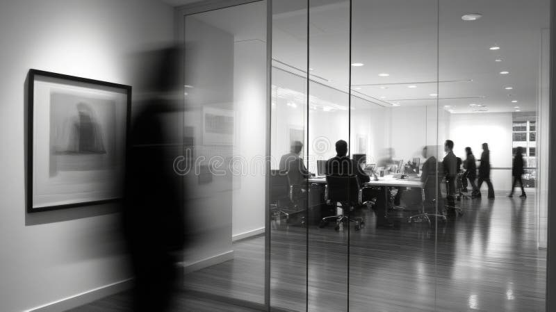 Blurry Figure Walking Past Glass Doors with Office View Stock ...
