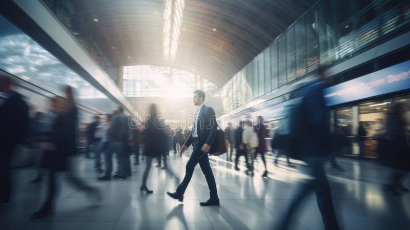 A Blurry Image of a Man Walking through a Train Station, Busy Train ...
