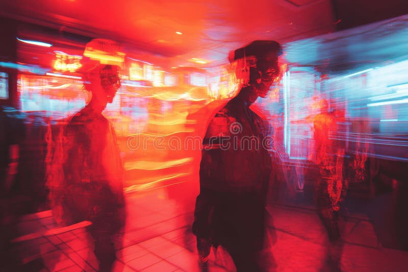 A Blurry Image of People Walking in a Red Lighted Area Stock Photo ...